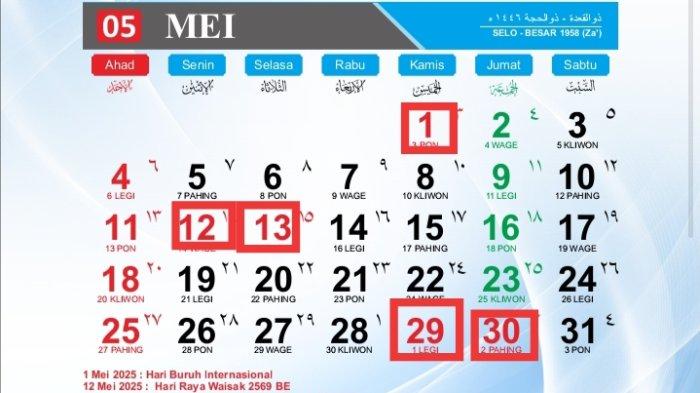 Kalender Mei 2025 : Siap-siap Libur Panjang dengan Keluarga, Catat Tanggal Merah dan Cuti ...
