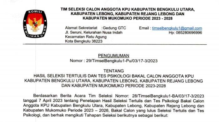 Daftar 20 Besar Calon Komisioner KPU Kabupaten Bengkulu Utara, Lebong, Rejang Lebong dan ...