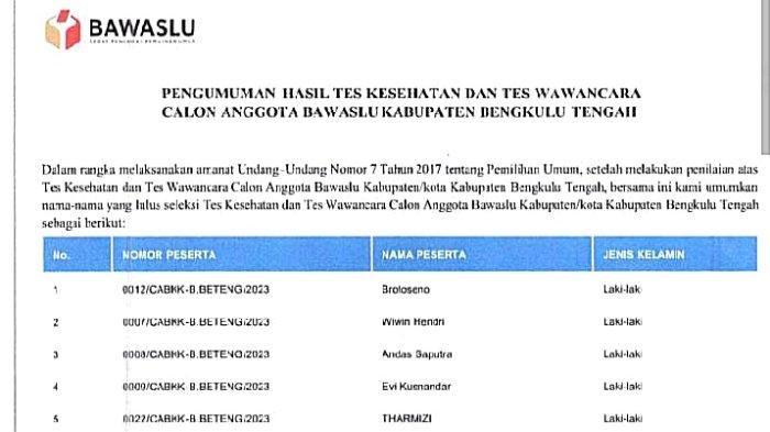 6 Besar Bawaslu Bengkulu Tengah Diumumkan, Ada Mantan Ketua KPU, Masyarakat Diminta Beri ...