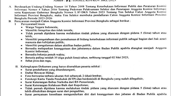 Seleksi KIP / Komisi Informasi Provinsi Bengkulu Dibuka, Cek Syarat Pendaftarannya ...