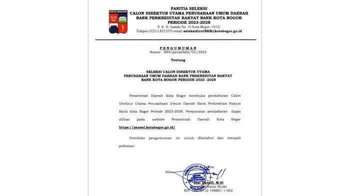 Hari ini Dibuka Pendaftaran Calon Dirut Perumda BPR Bank Kota Bogor ...