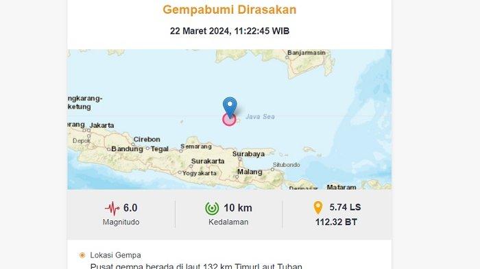 Gempa Bumi Kekuatan 6 Magnitudo Terjadi di Tuban, Jawa Timur, Guncangannya Sampai ke Yogyakarta ...