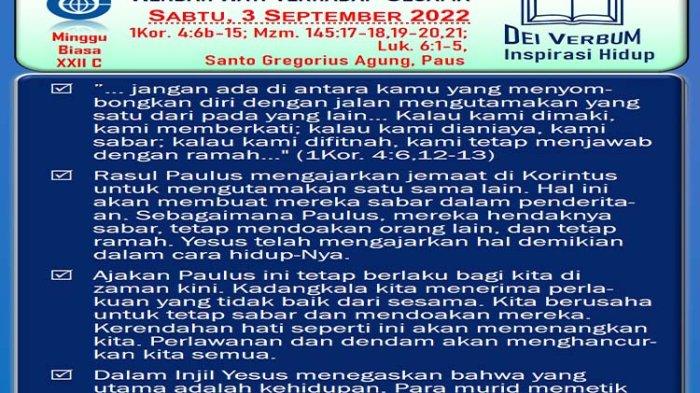 Bacaan Injil Katolik Hari Ini Jumat 3 September 2022, Lengkap dengan Mazmur Tanggapan ...