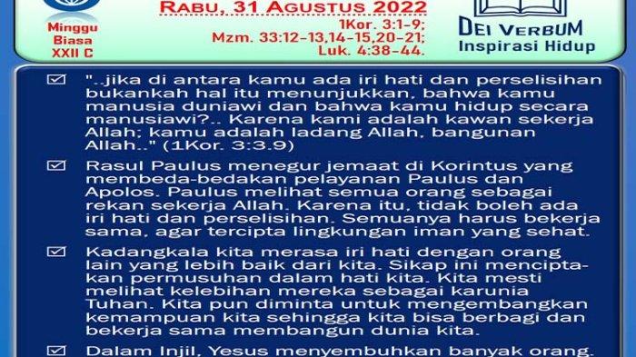 Bacaan Injil Katolik Hari Ini Rabu 31 Agustus 2022, Lengkap dengan Mazmur Tanggapan ...