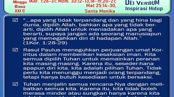 Bacaan Injil Katolik Hari Ini Sabtu 27 Agustus 2022, Lengkap dengan Mazmur Tanggapan ...