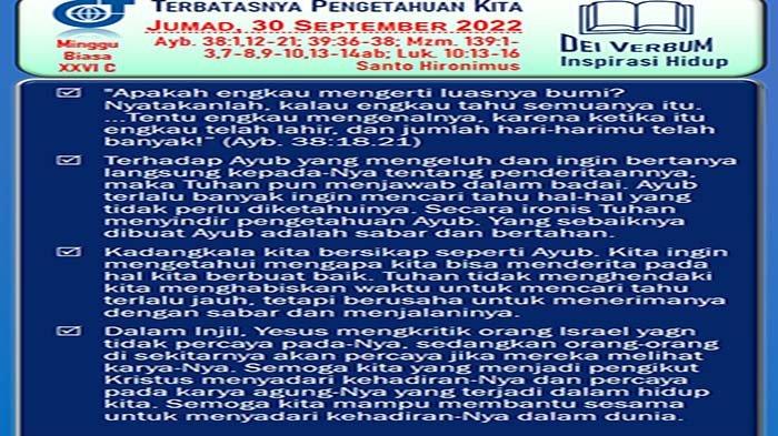Bacaan Injil Katolik Hari Ini Jumat 30 September 2022, Lengkap dengan Mazmur Tanggapan ...