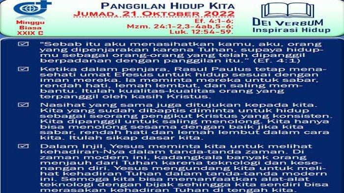 Kalender Liturgi Katolik Jumat 21 Oktober 2022, Lengkap Bacaan Injil dan Mazmur Tanggapan ...