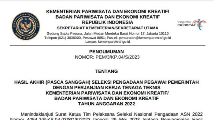 Kemenparekraf Umumkan Hasil Seleksi PPPK Teknis 2022, Ini Jadwal Pengisian DRH dan Unggah ...
