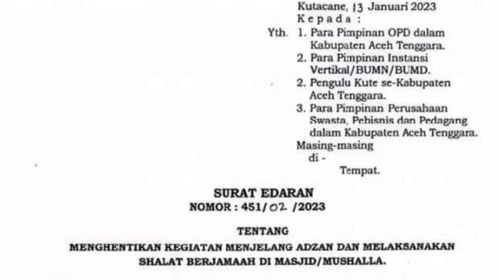 Pj Bupati Aceh Tenggara Keluarkan Edaran, Saat Azan Berkumandang ...