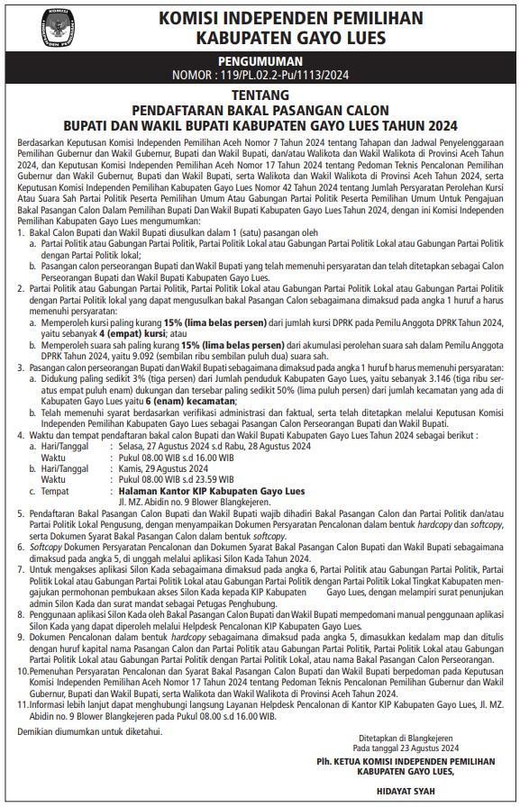 Pengumuman KIP Kabupaten Gayo Lues Untuk Pendaftaran Bakal Calon Bupati ...