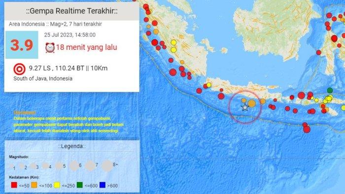Gempa Bumi di Pulau Jawa Selasa 25 Juli 2023, Info BMKG : Sebelah Barat Daya, Kedalaman 10 Km ...