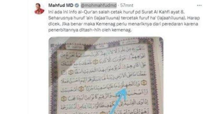 Viral Salah Cetak Huruf di Al Quran, Ada pada Surat Al Kahfi, Mahfud MD Minta Perhatian Menag ...