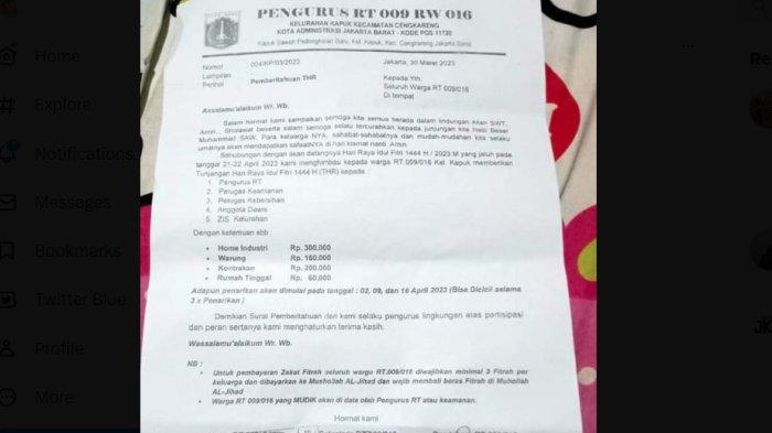 Viral Surat Edaran untuk Warga Iuran THR ke Pengurus RT di Jakarta, Minimal Nyumbang Rp 60-300 ...