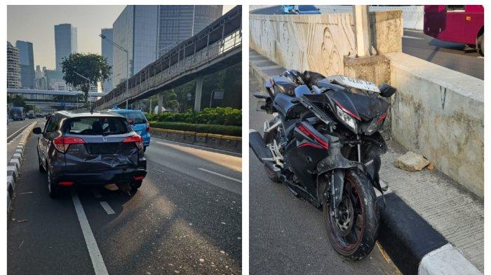 Kecelakaan Hari di Jalan Sudirman, Pemotor Hilang Kendali Tabrak Mobil, 2 Kendaraan Ringsek ...