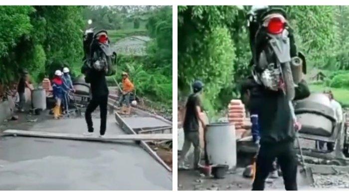 Agak Laen, Pria Ini Panggul Motornya Karena Takut Jalan yang Dicor ...