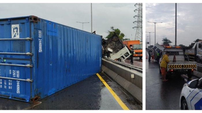 Kecelakaan Hari Ini di Tol Wiyoto Wiyono, Truk Kontainer Terguling Tabrak Pembatas Jalan ...