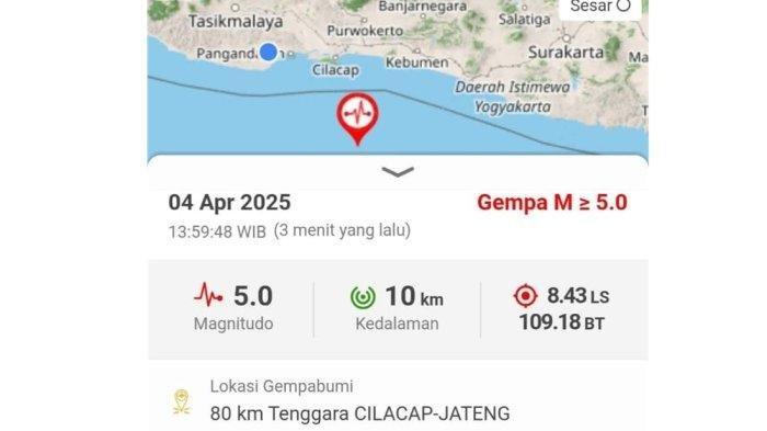 Gempa 5.0 dan 2.4 Guncang Cilacap dan Pangandaran Jumat Siang - Tribunjambi.com