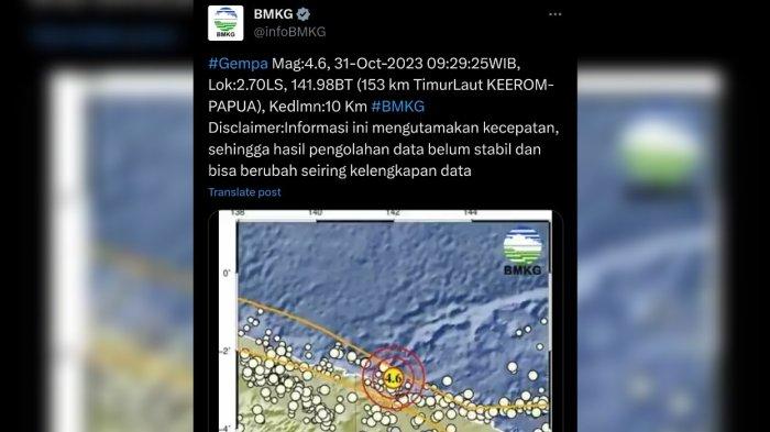 Keerom Papua Diguncang Gempa Hari Ini Selasa 31 Oktober 2023, BMKG: di Kedalaman 10 KM ...