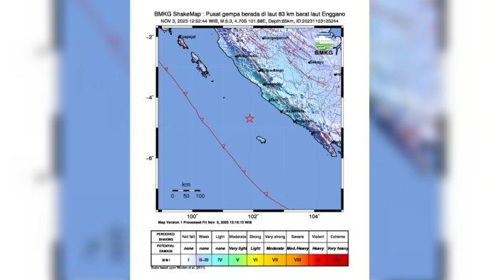 Bengkulu Diguncang Gempa Hari Ini Jumat 3 November 2023, BMKG: Berpusat di Laut Enggano, 5,3 M ...