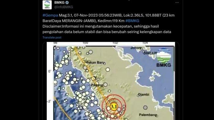 Info Gempa Hari Ini Jumat 3 November 2023, BMKG: Guncang Merangin Jambi - Tribunjambi.com