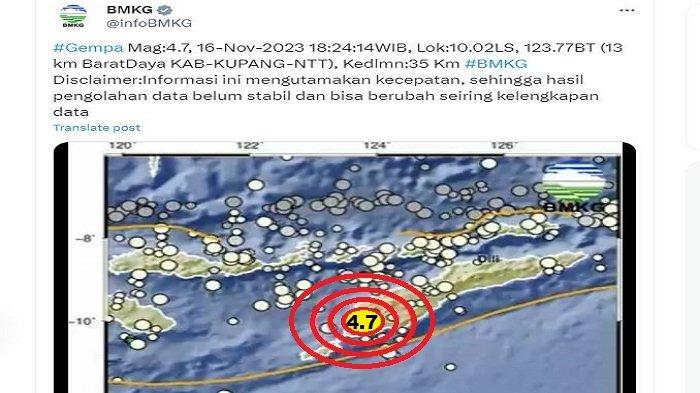 Gempa Terkini Kamis 16 November 2023: Kembali Getarkan Kupang NTT, Bermagnitudo 4,7 ...