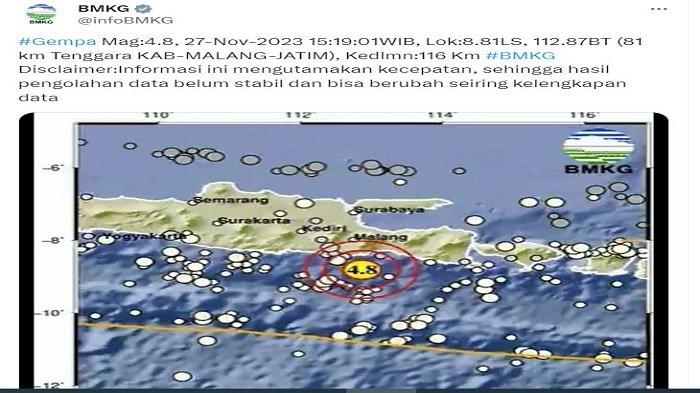 Gempa Terkini Senin 27 November 2023 Guncang Malang Jatim, Bermagnitudo 4.8 - Tribunjambi.com