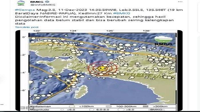 Gempa Hari Ini Kembali Getarkan Wilayah Papua, Kali Ini di Nabire Bermagnitudo 3.5 - Tribunjambi.com