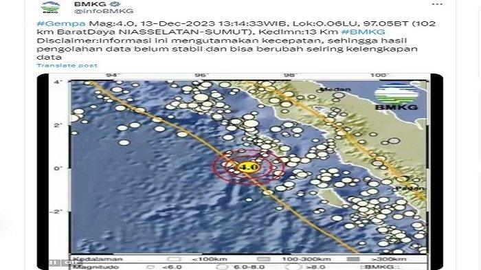 Gempa Terkini Rabu 13 Desember 2023 Getarkan Nias Selatan Sumut, Bermagnitudo 4.0 - Tribunjambi.com