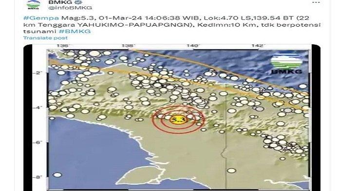 Gempa Terkini Jumat 1 Maret 2024 Guncang Yahukimo, Papua, BMKG: 5.3 M, Tak Berpotensi Tsunami ...