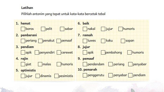 Kunci Jawaban Bahasa Indonesia Kelas 5 Halaman 16, Antonim dan Pasangan Kata - Tribunjambi.com