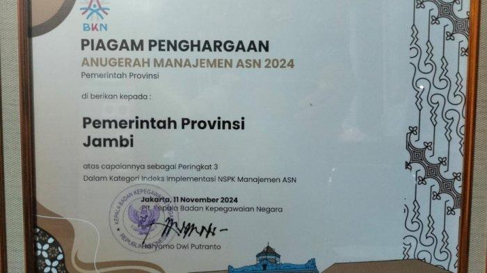 Provinsi Jambi Raih 2 Penghargaan Peringkat 3 Nasional Anugerah Manajemen ASN 2024 - Tribunjambi.com