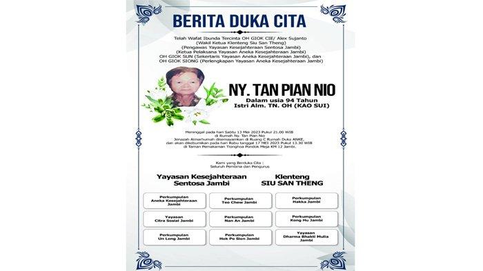 Ucapan Duka Cita Wafatnya Tan Pian Nio Ibunda Tercinta Oh Giok Cie ...