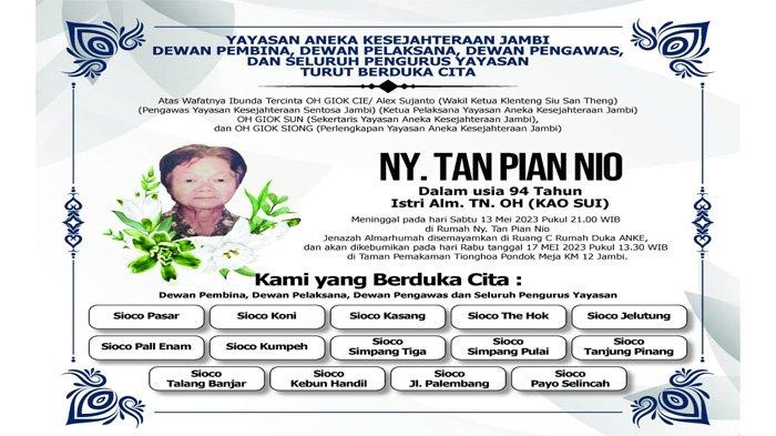 Yayasan Sioco Sampaikan Ucapan Duka Cita Wafatnya Tan Pian Nio Ibunda ...