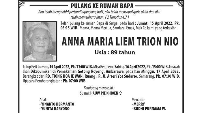 Berita Duka, Anna Maria Liem Trion Nio Meninggal di Semarang ...