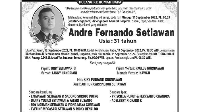 Berita Duka, Andre Fernando Setiawan Meninggal Dunia di Semarang ...