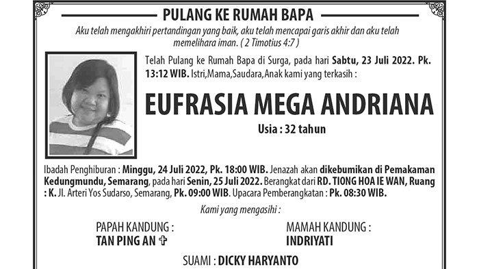 Berita Duka, Eufrasia Mega Andriana Meninggal Dunia di Semarang ...