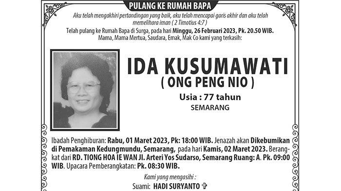 Berita Duka, IDA KUSUMAWATI / ONG PENG NIO Meninggal Dunia di Semarang - Tribunjateng.com