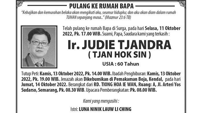 Berita Duka, Ir. Judie Tjandra ( Tjan Hok Sin )Meninggal Dunia di ...