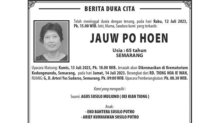 Berita Duka, JAUW PO HOEN Meninggal Dunia di Semarang - Tribunjateng.com