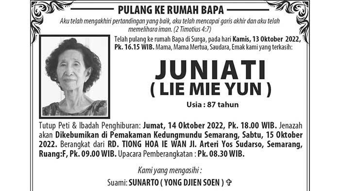 Berita Duka, Juniati ( Lie Mie Yun ) Meninggal Dunia di Semarang - Tribunjateng.com