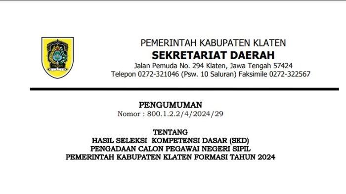 Link Download PDF Hasil SKD CPNS 2024 Pemkab Klaten, Selamat 65 Peserta Lanjut SKB ...