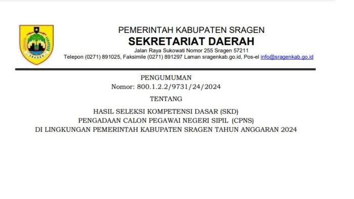 Link Download PDF Hasil SKD CPNS 2024 Pemkab Sragen: Selamat! 164 Peserta Lanjut SKB - Halaman 3 ...
