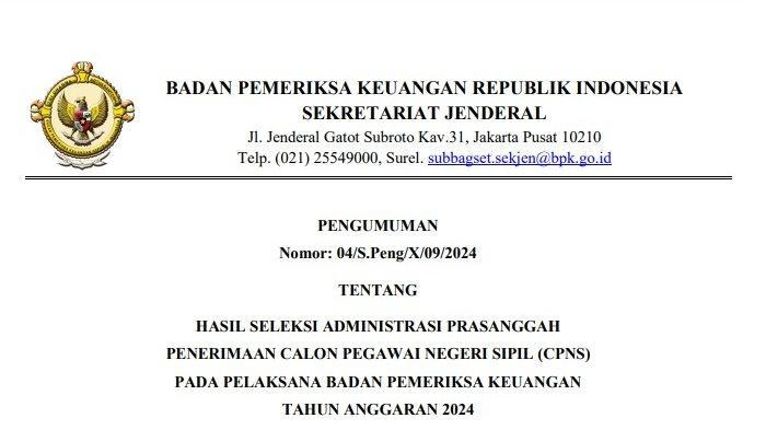 Link Download PDF Hasil Seleksi Administrasi CPNS 2024 BPK: 15.780 MS, 2.695 TMS - Tribunjateng.com