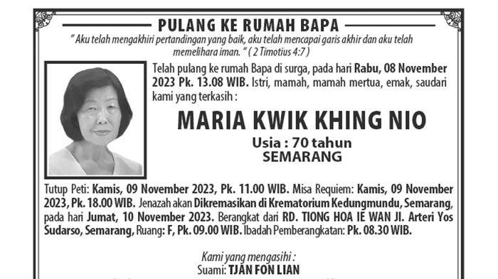Berita Duka, MARIA KWIK KHING NIO Meninggal Dunia di Semarang - Tribunjateng.com