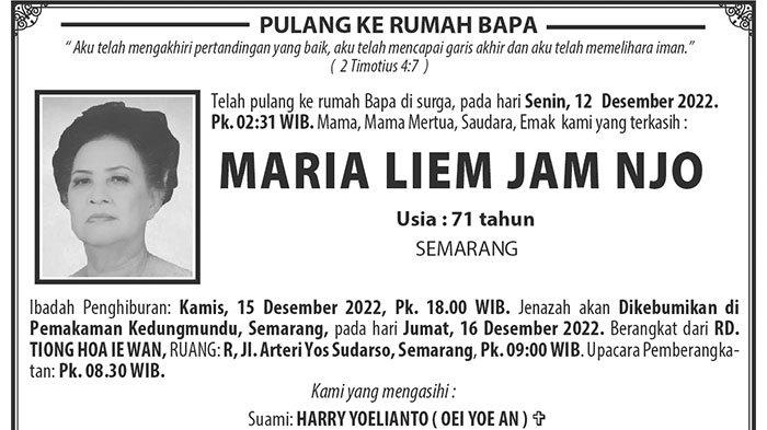 Berita Duka, MARIA LIEM JAM NJO Meninggal Dunia di Semarang ...