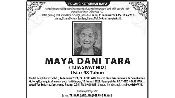 Berita Duka, MAYA DANI TARA / TJIA SWAT NIO Meninggal Dunia di Semarang ...