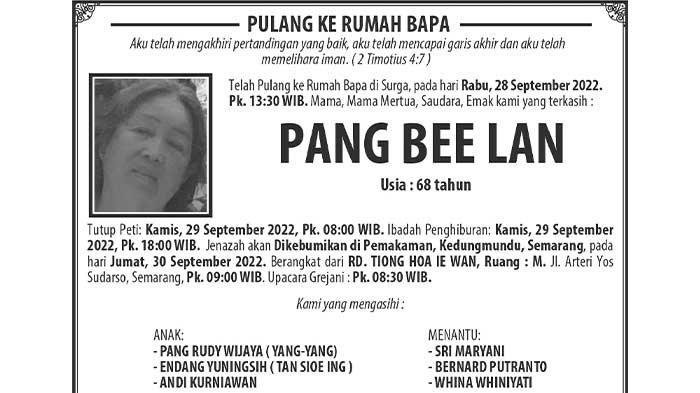 Berita Duka, Pang Bee Lan Meninggal Dunia di Semarang - Tribunjateng.com