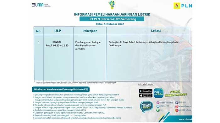 Info Pemeliharaan Jaringan PLN ULP Kendal 5 Oktober 2022 - Tribunjateng.com