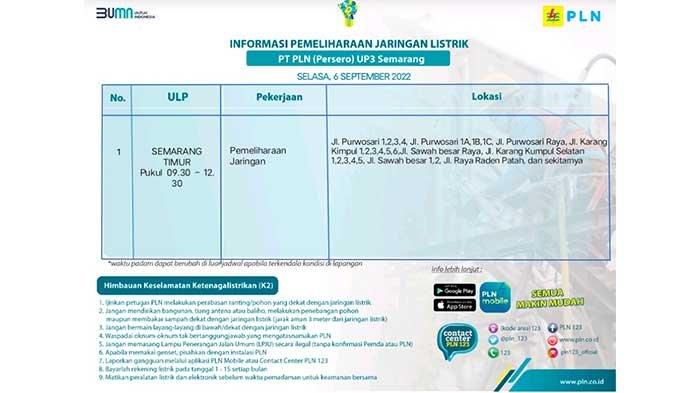 Info Pemeliharaan Jaringan PLN ULP Semarang Timur Selasa 06 September ...