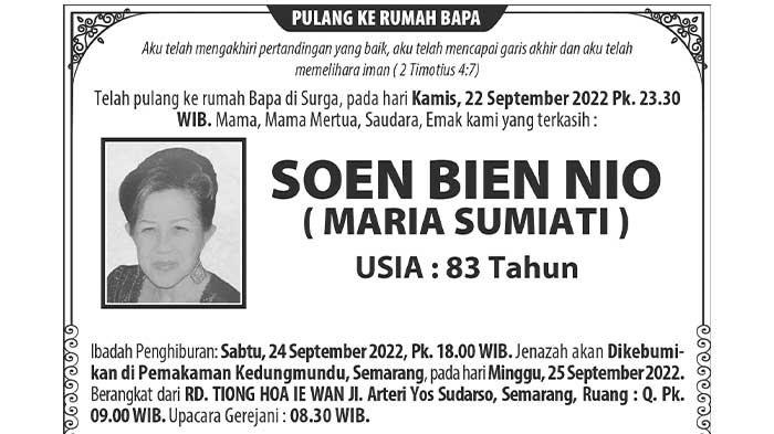 Berita Duka, Soen Bien Nio ( Maria Sumiati ) Meninggal Dunia di Semarang - Tribunjateng.com
